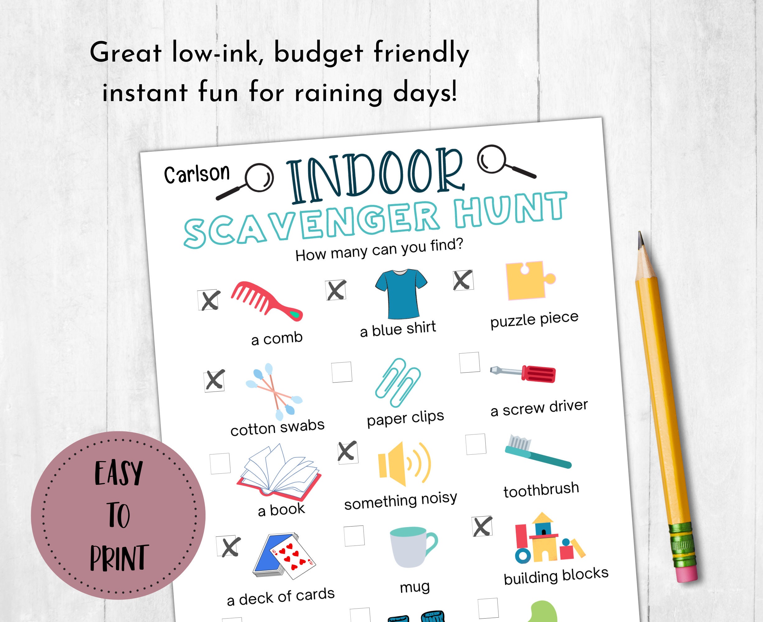 Indoor Scavenger Hunt Printable Indoor Activity for Kids - Etsy