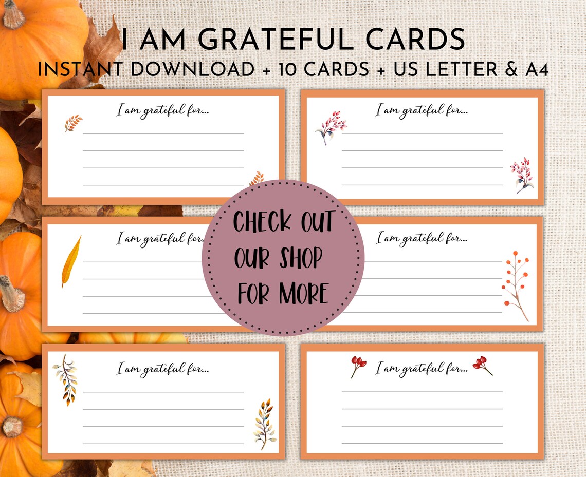 I Am Thankful for Cards Printable | Thanksgiving Gratitude Card ...