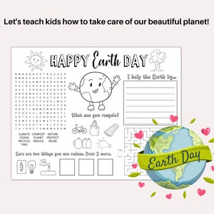 Earth Day Placemat Activities Printable Earth Day Worksheet | Etsy