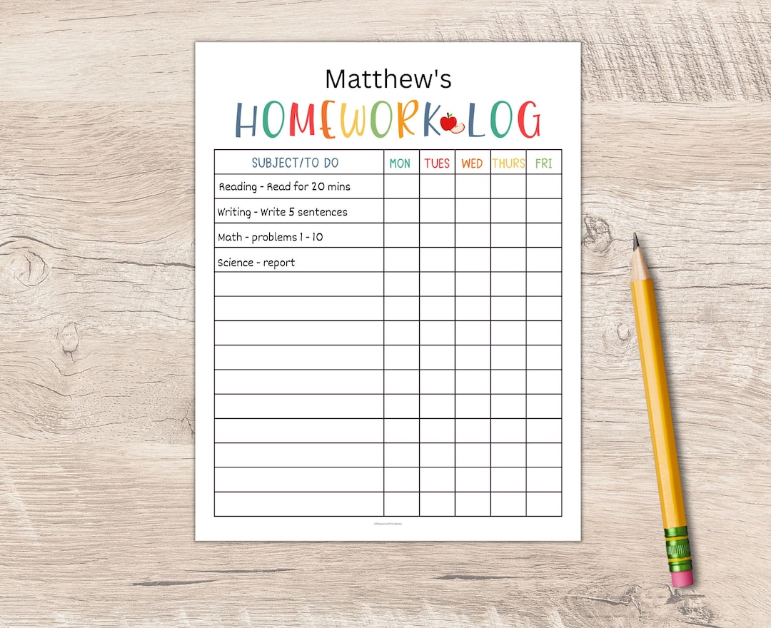 Homework Log Printable | Homework Tracker for Kids | Printable Homework ...
