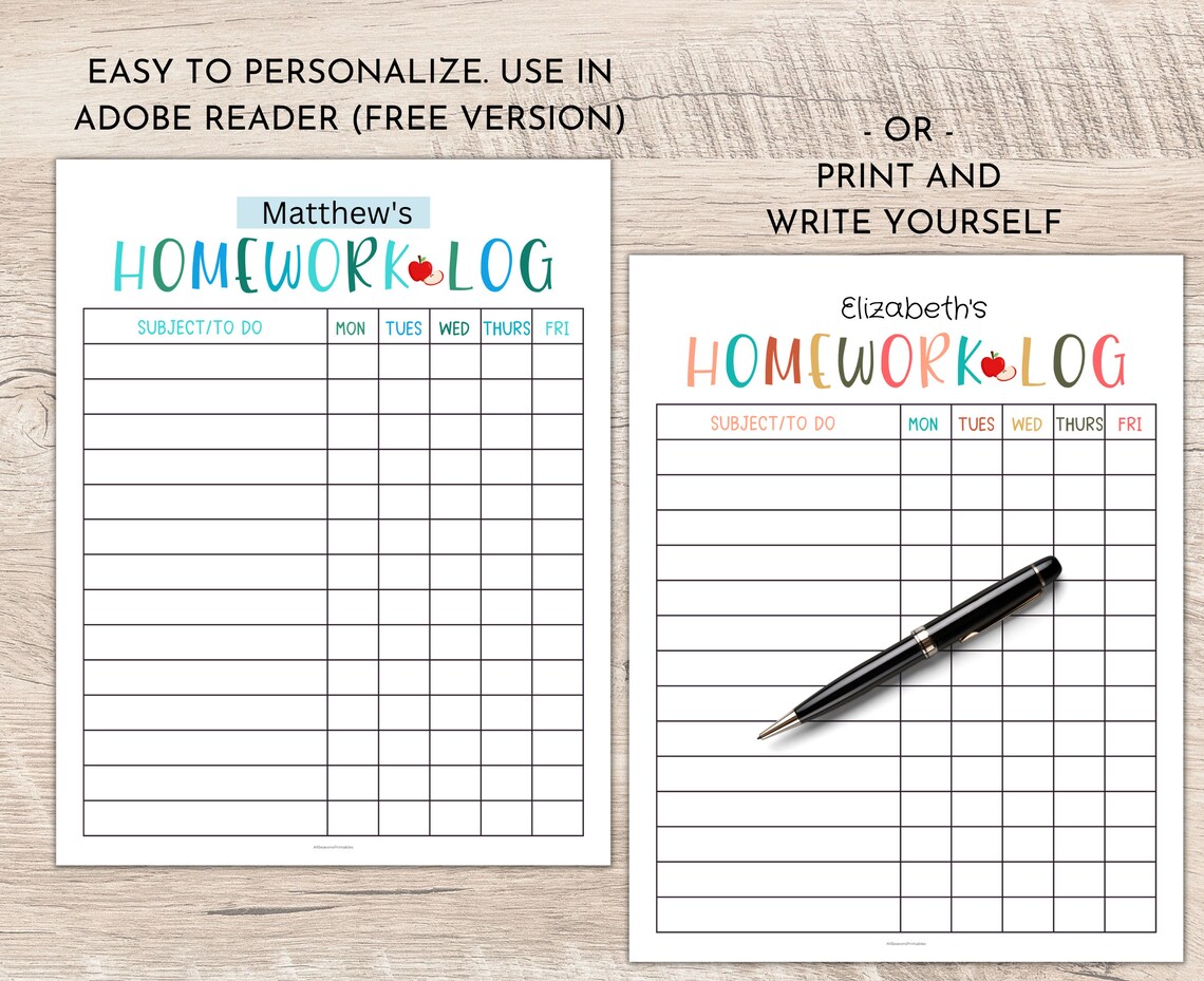 Homework Log Printable | Homework Tracker for Kids | Printable Homework ...