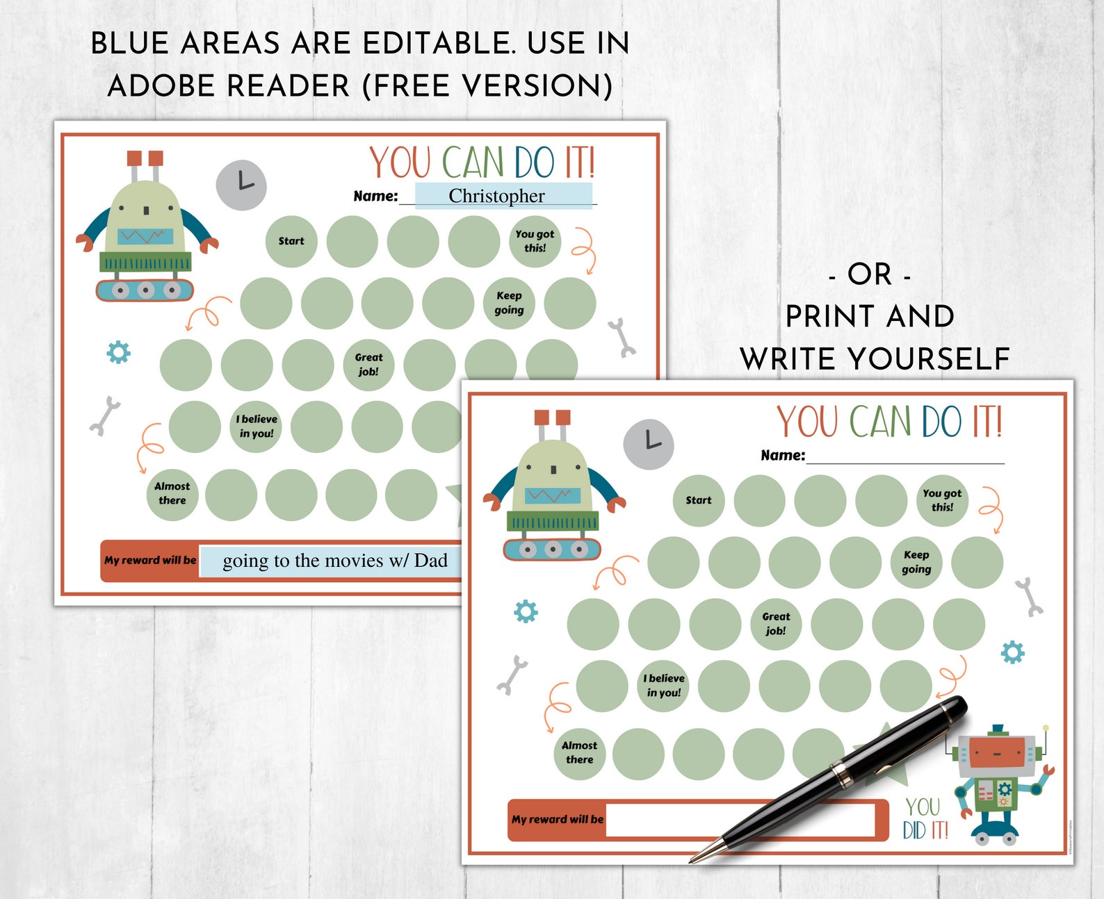 Reward Chart for Kids Editable Reward Chart Robots - Etsy