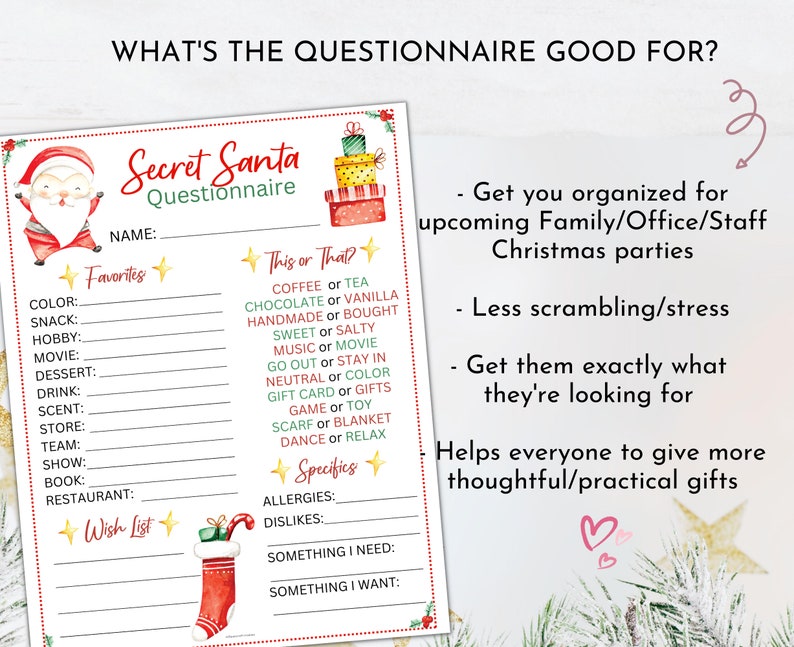 Secret Santa Questionnaire Secret Santa Survey Printable - Etsy