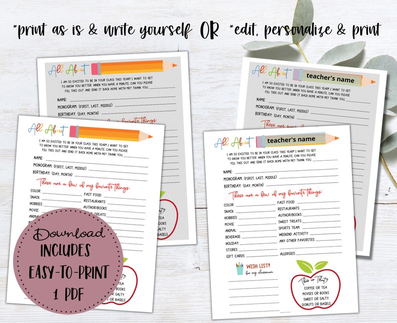 Teacher Survey Teacher Favorites Survey All About My - Etsy