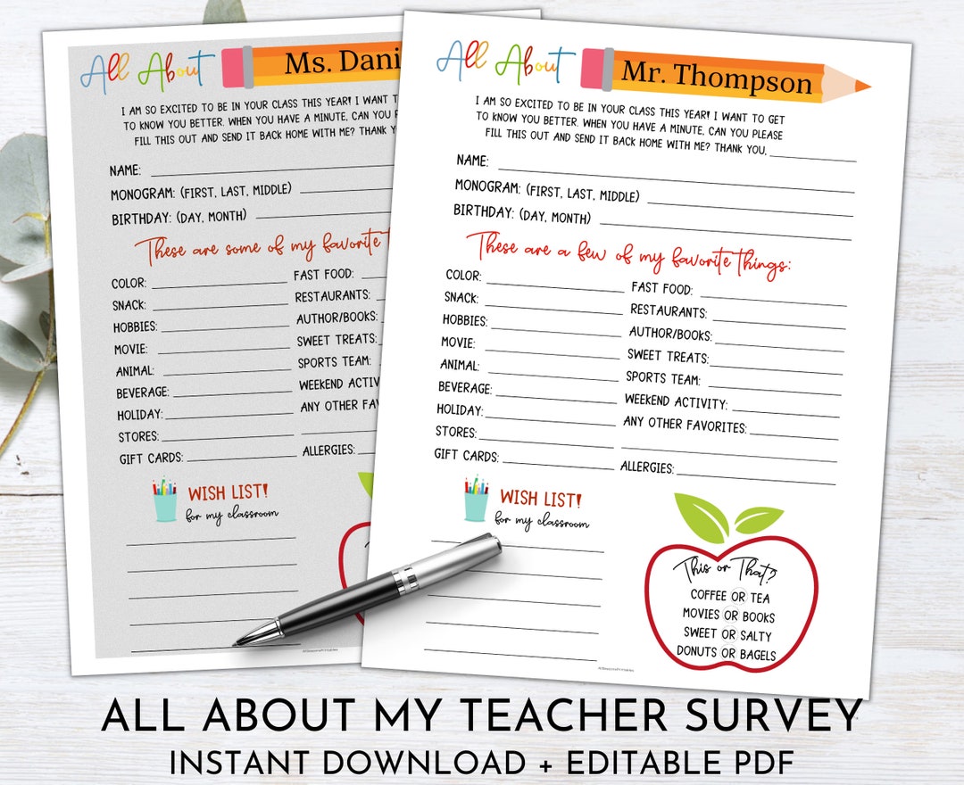 Teacher Survey Teacher Favorites Survey All About My - Etsy