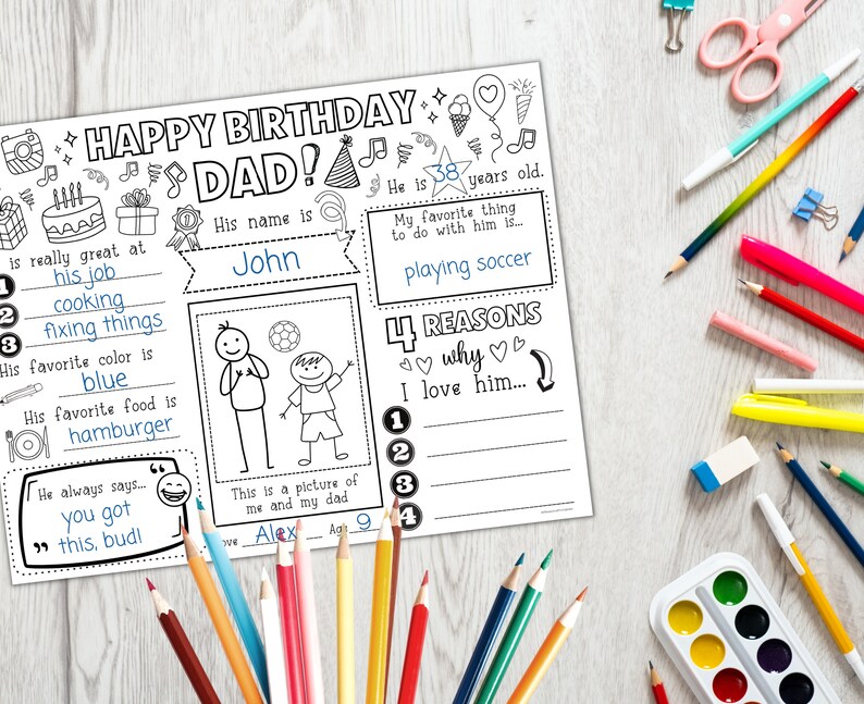 Happy Birthday Dad Coloring Page Happy Birthday Dad Placemat - Etsy ...
