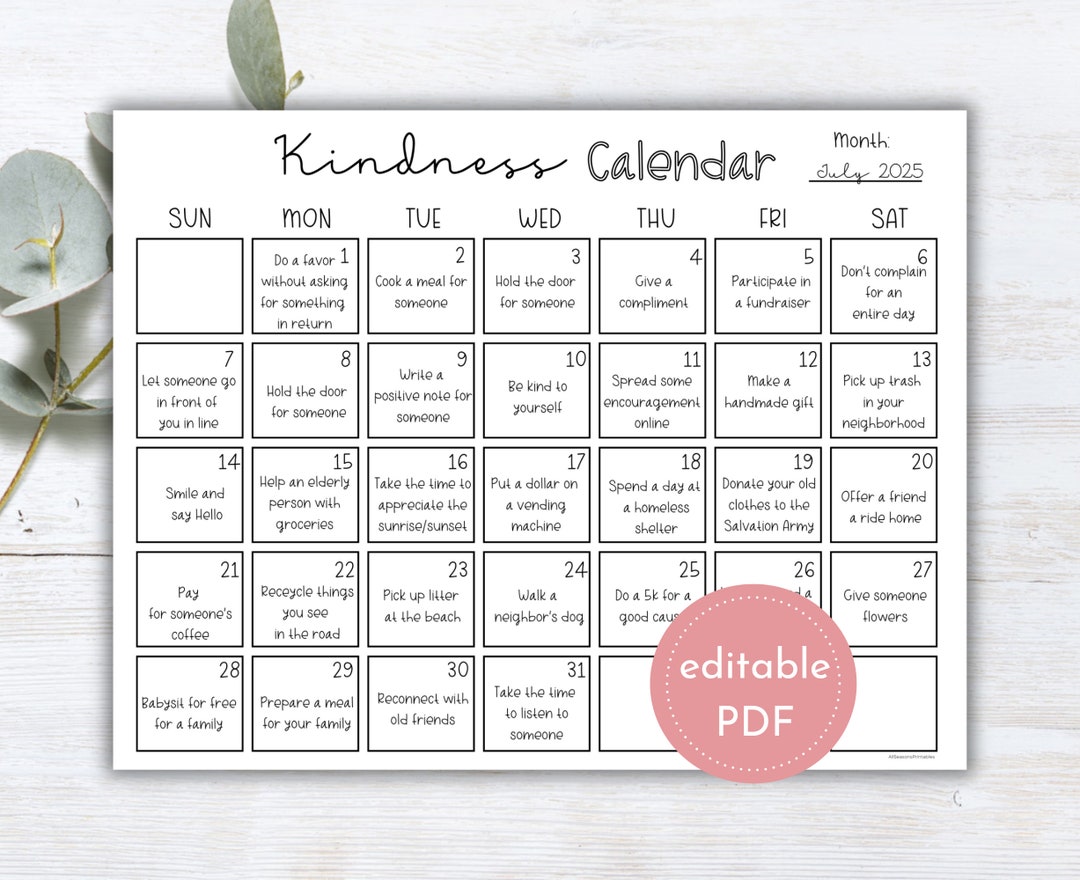 Random Acts of Kindness, Editable Kindness Calendar, Kindness Countdown ...