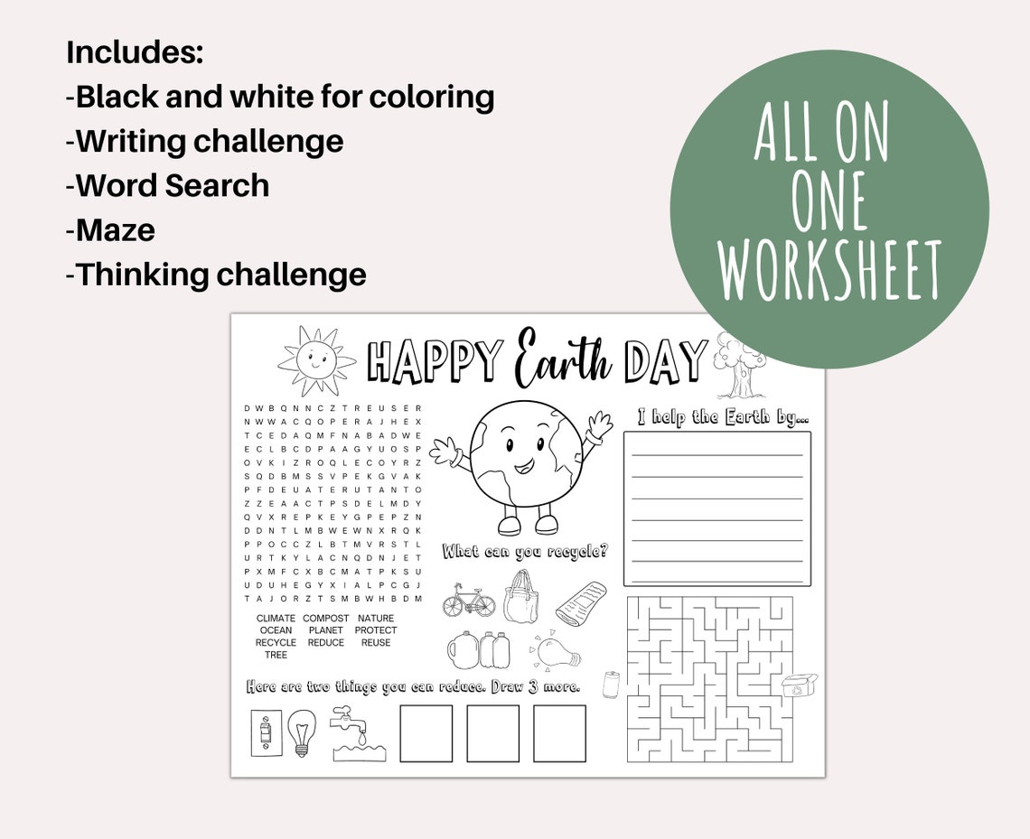 Earth Day Placemat Activities Printable Earth Day Worksheet | Etsy