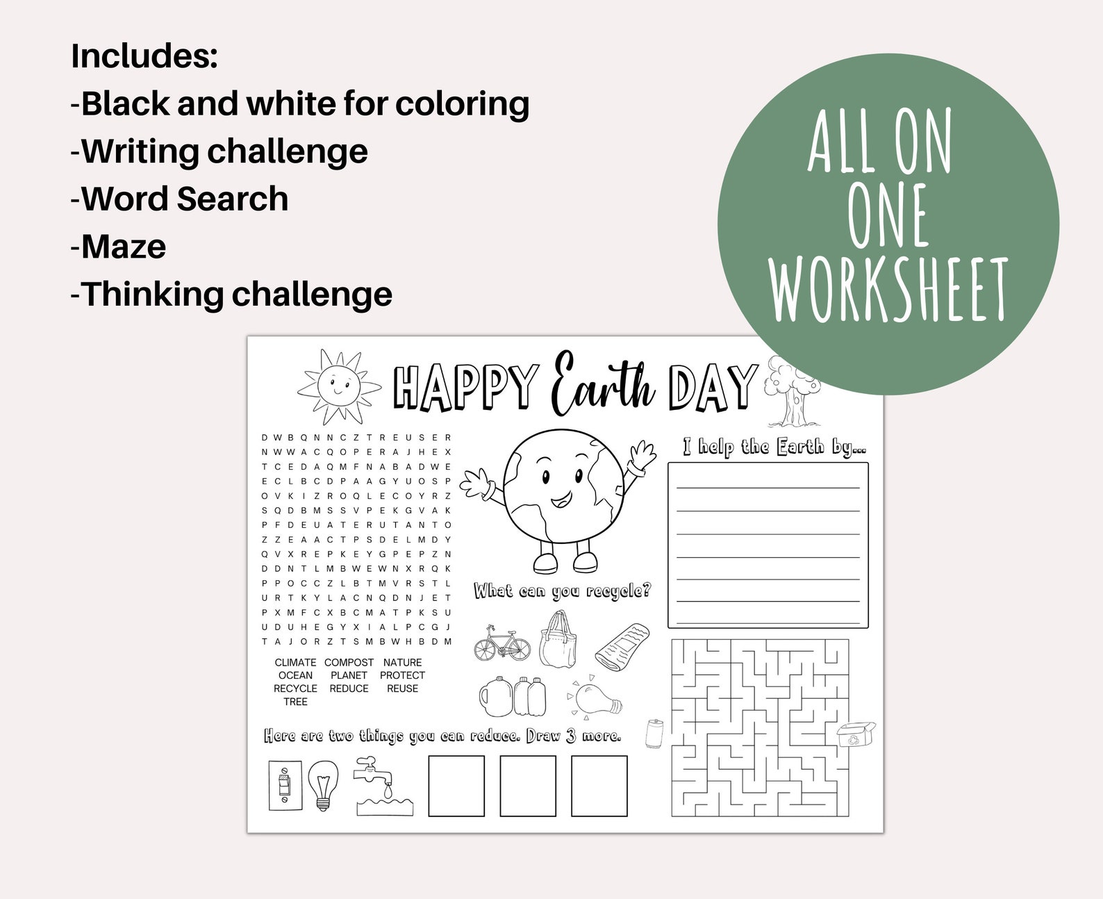 Earth Day Placemat Activities Printable Earth Day Worksheet | Etsy