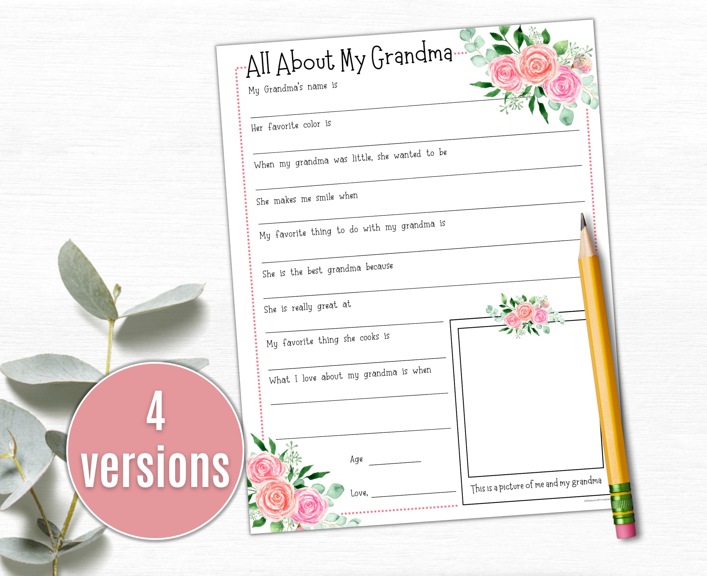 All About My Grandma Questionnaire All About My Nana Grandma Mother's ...