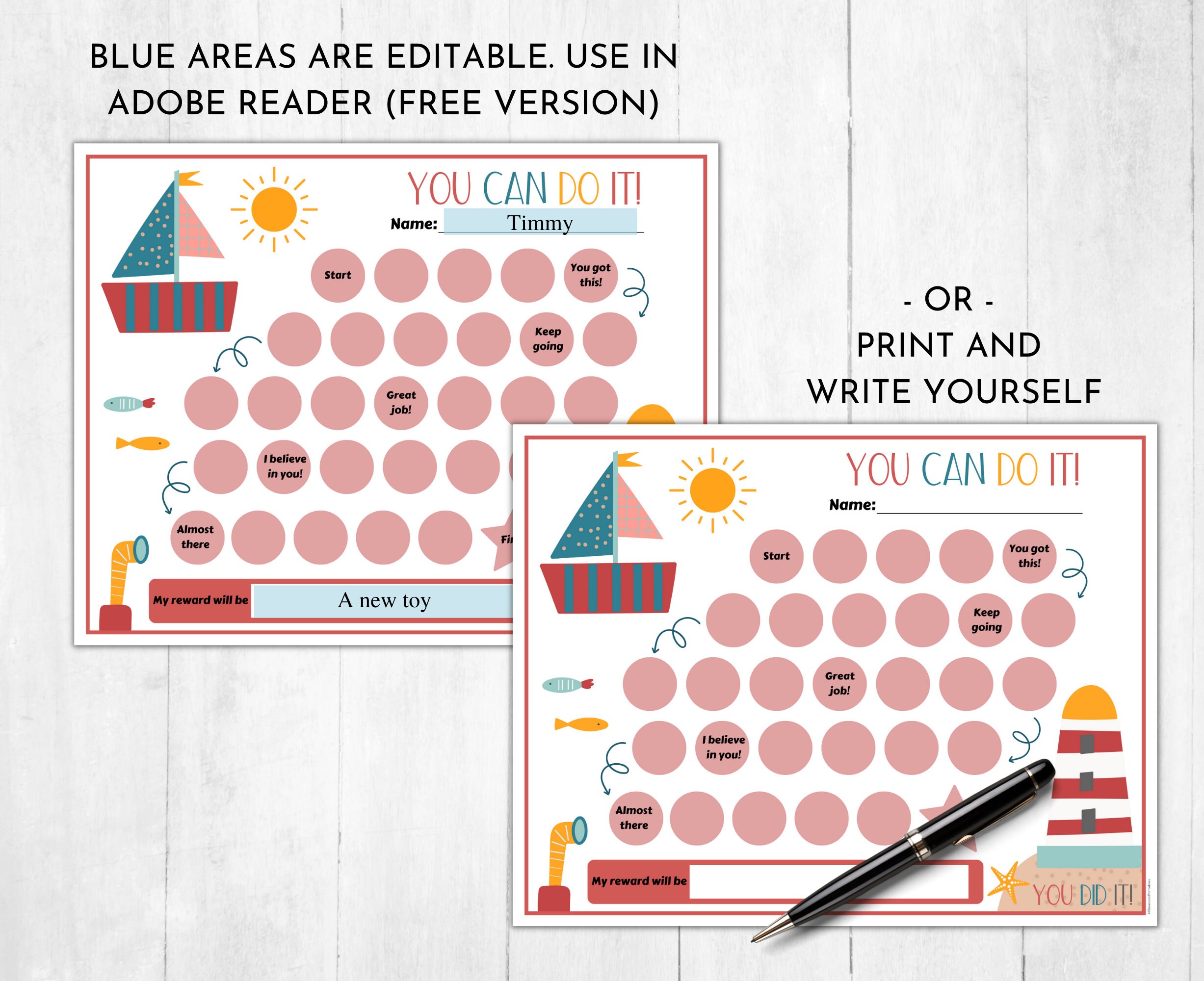 Reward Chart for Kids Editable Reward Chart at the Sea - Etsy