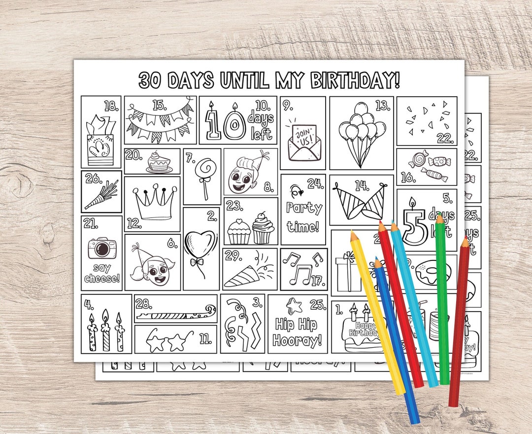 Birthday Countdown Coloring Page, Birthday Countdown Calendar for Kids ...