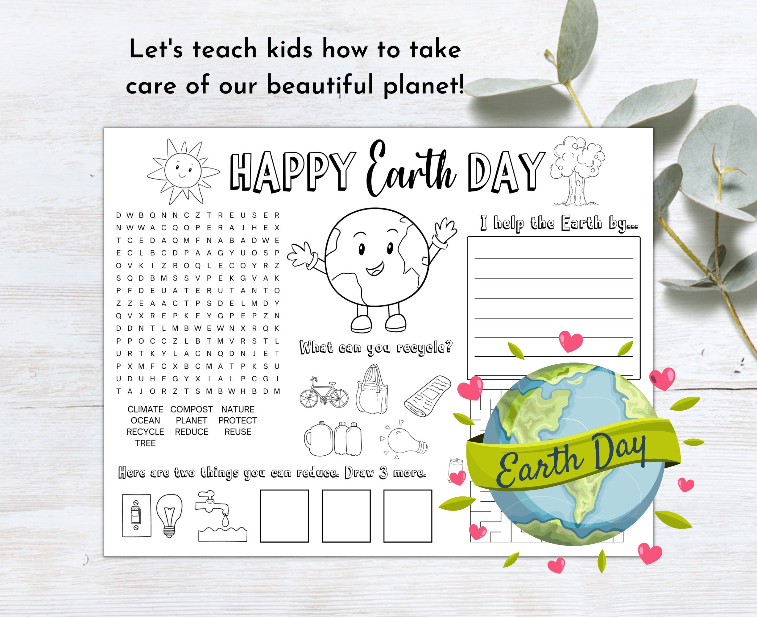 Earth Day Placemat Activities Printable Earth Day Worksheet - Etsy
