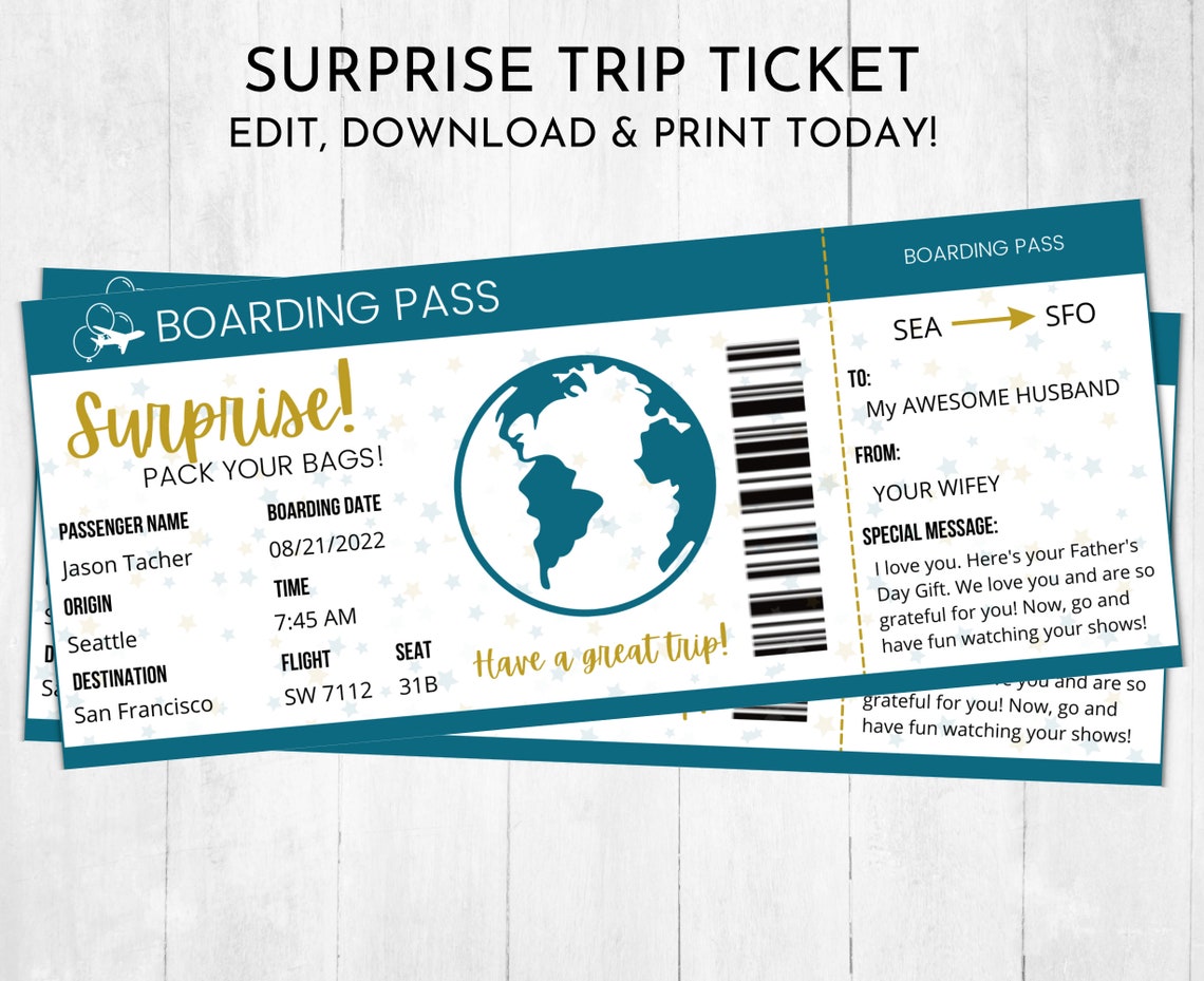 Printable Surprise Trip Ticket Airplane Ticket Editable - Etsy