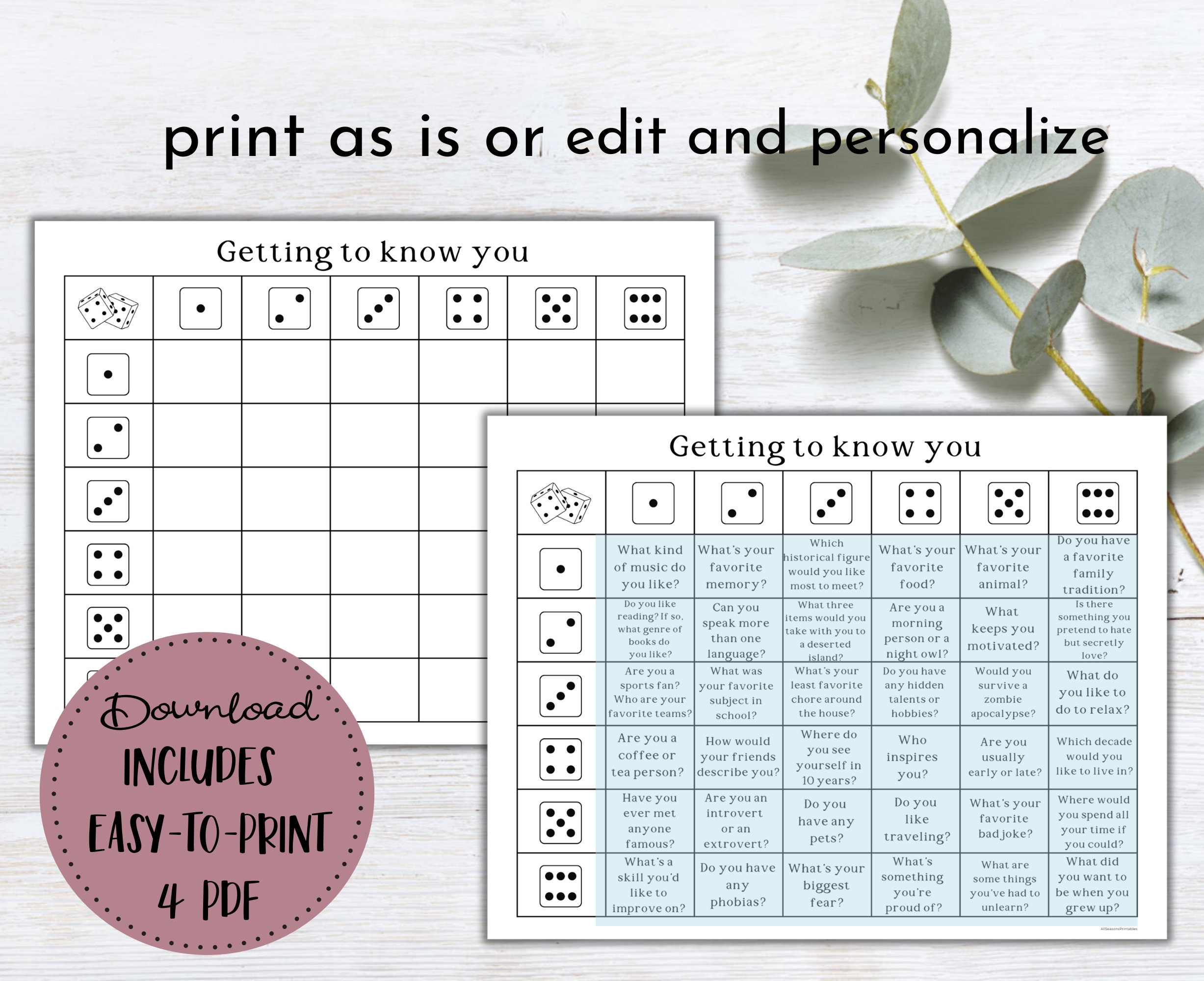 Getting to Know You Dice Game Editable, Table Talk Dice Game ...