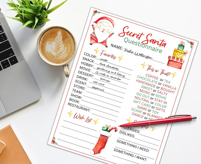 Secret Santa Questionnaire Secret Santa Survey Printable - Etsy