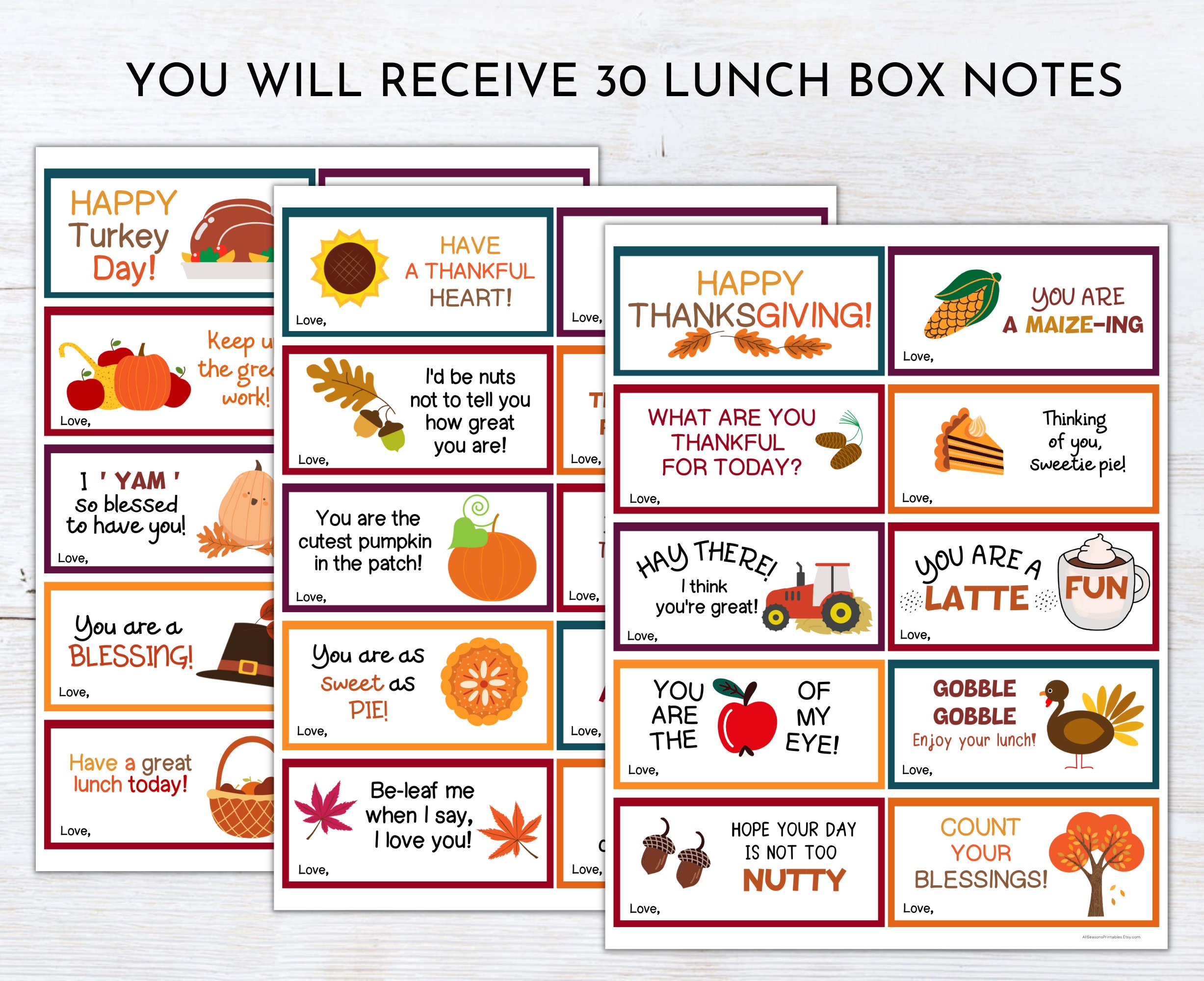 Thanksgiving/fall Lunch Box Notes for Kids | Lunchbox Notes Template ...