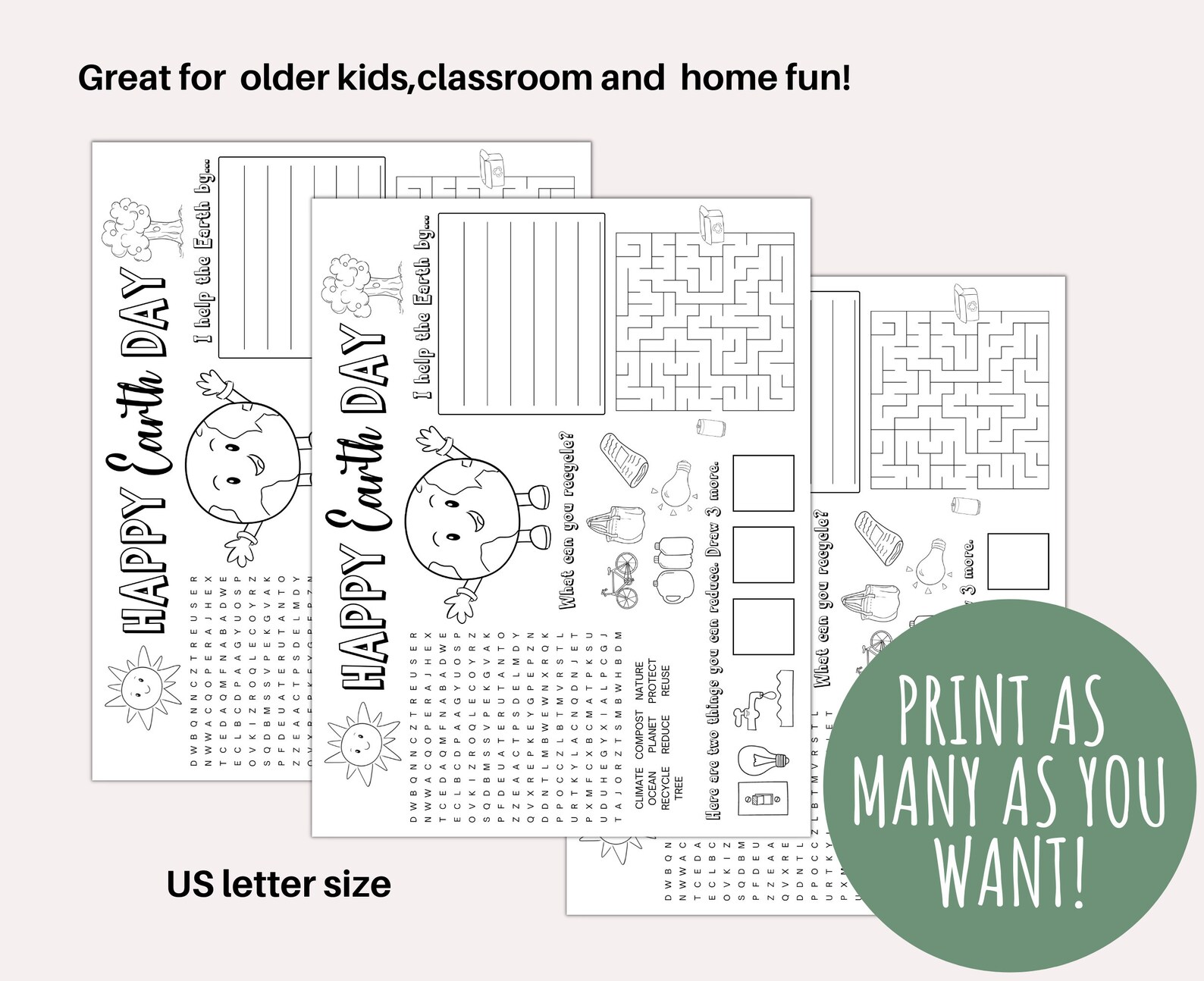 Earth Day Placemat Activities Printable Earth Day Worksheet | Etsy