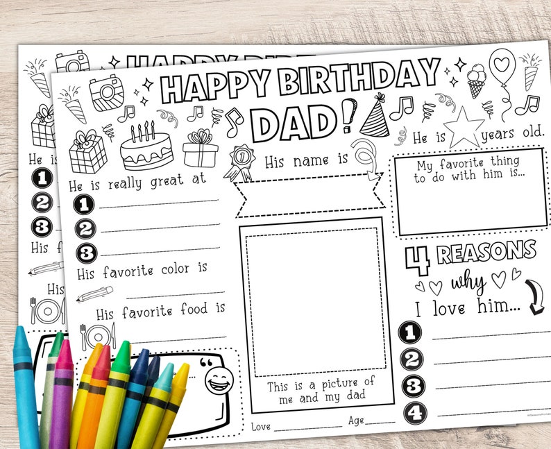 Happy Birthday Dad Coloring Page Happy Birthday Dad Placemat - Etsy ...