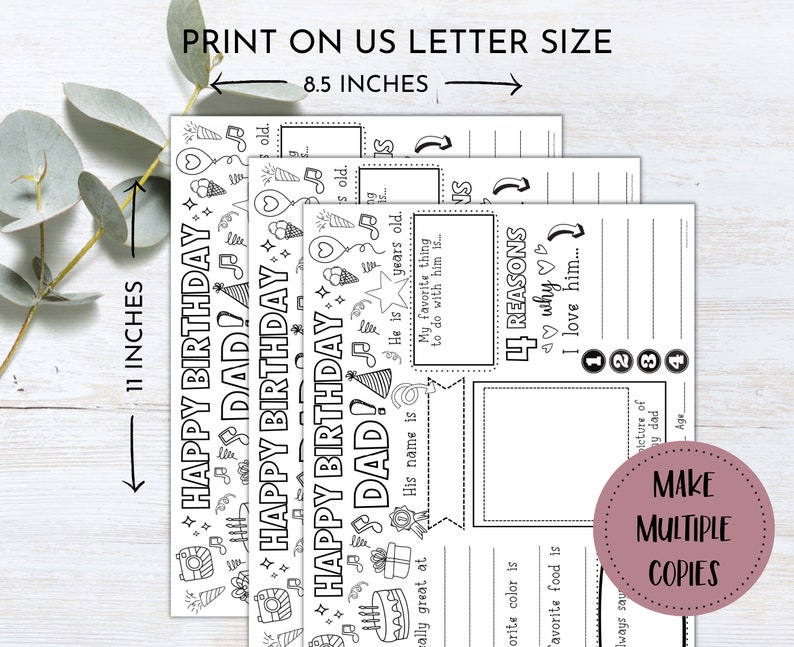 Happy Birthday Dad Coloring Page Happy Birthday Dad Placemat - Etsy ...