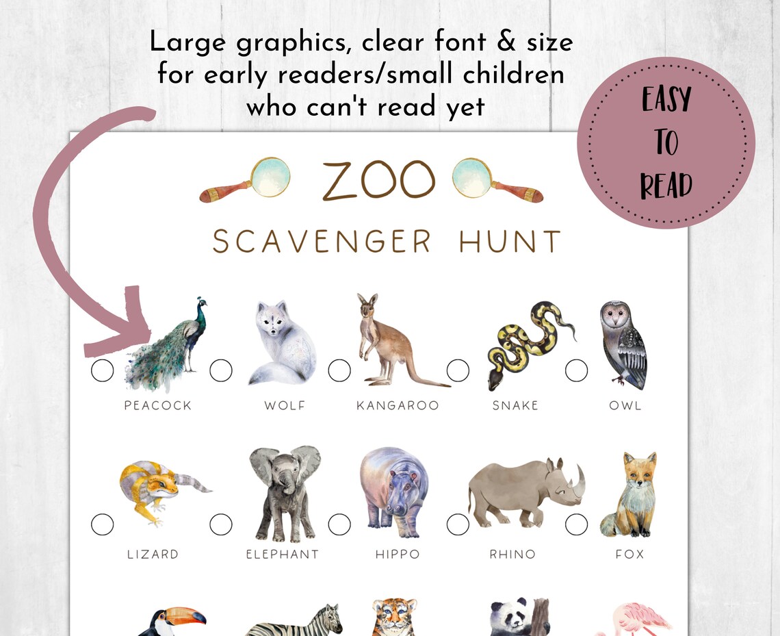 Zoo Scavenger Hunt Printable for Kids | Animal Scavenger Hunt | Zoo ...