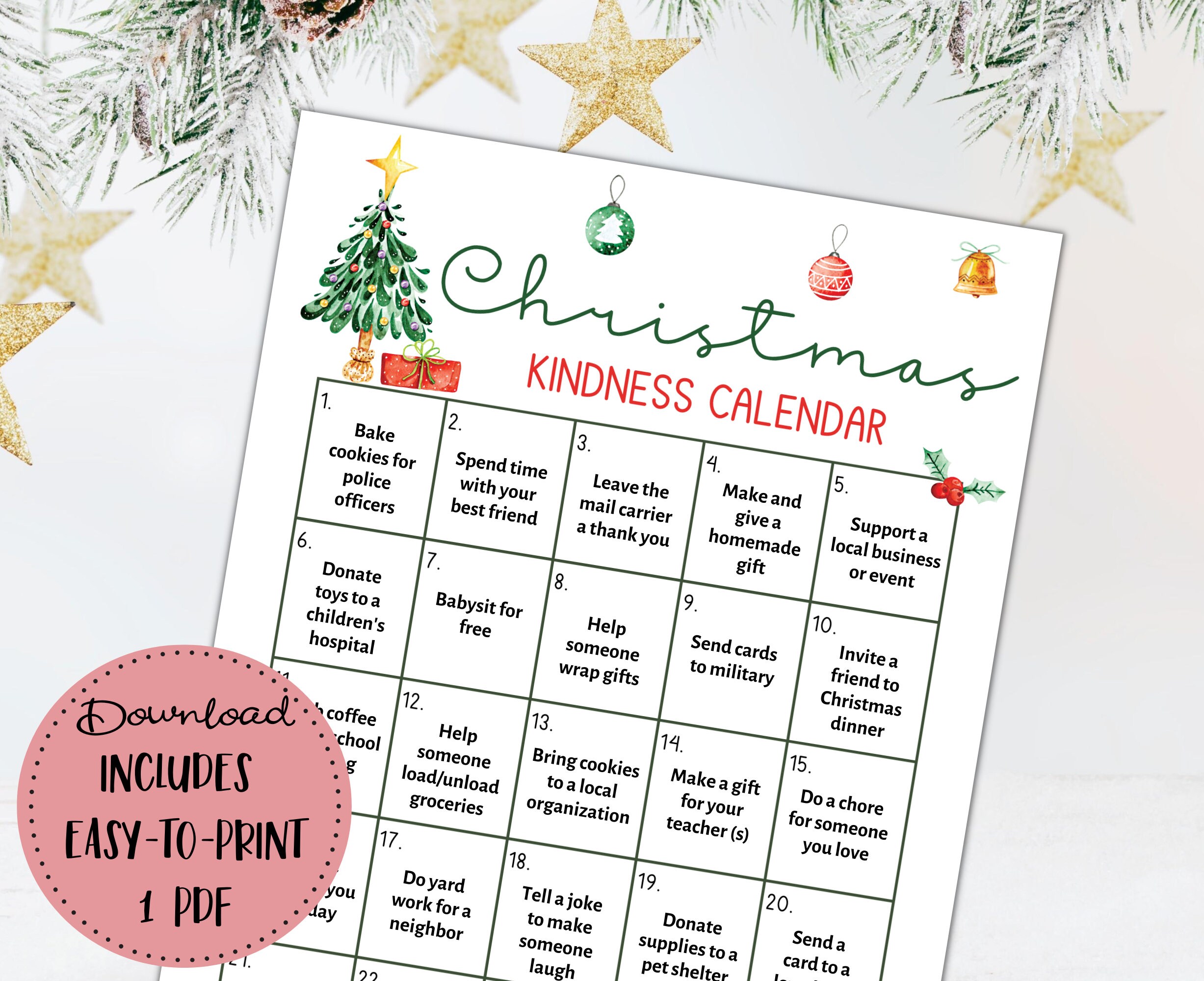 Christmas Acts of Kindness Calendar | Editable Christmas Holiday ...
