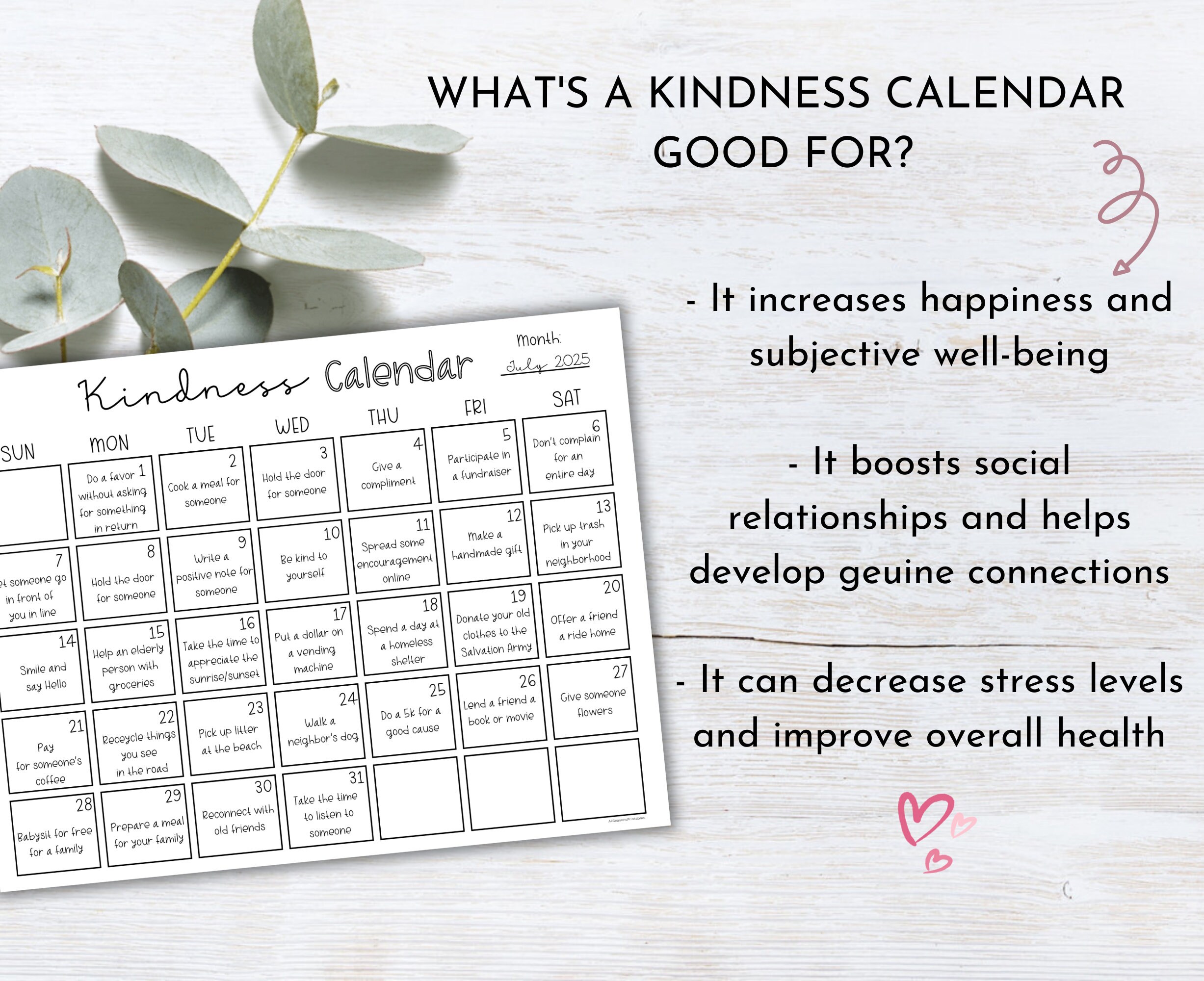 Random Acts of Kindness, Editable Kindness Calendar, Kindness Countdown ...