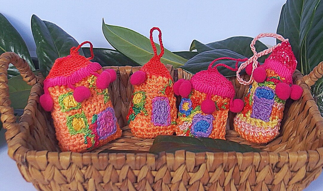 Crochet Small House Ornament: Handmade Pom Pom Car Hanging - Etsy
