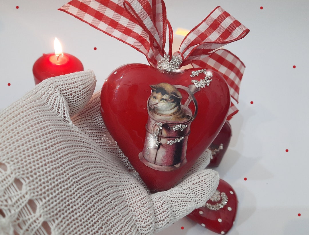 Red Heart Christmas Decor Vintage Style Cats Decor Gift 3 Pcs. FAKE ...