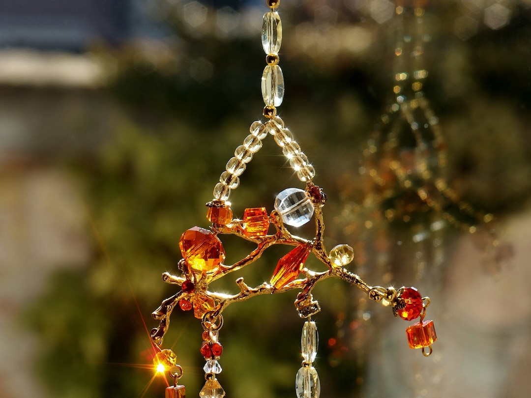 Unique Long Suncatcher, Handmade Crystal Window Décor, Worm Colors Boho ...