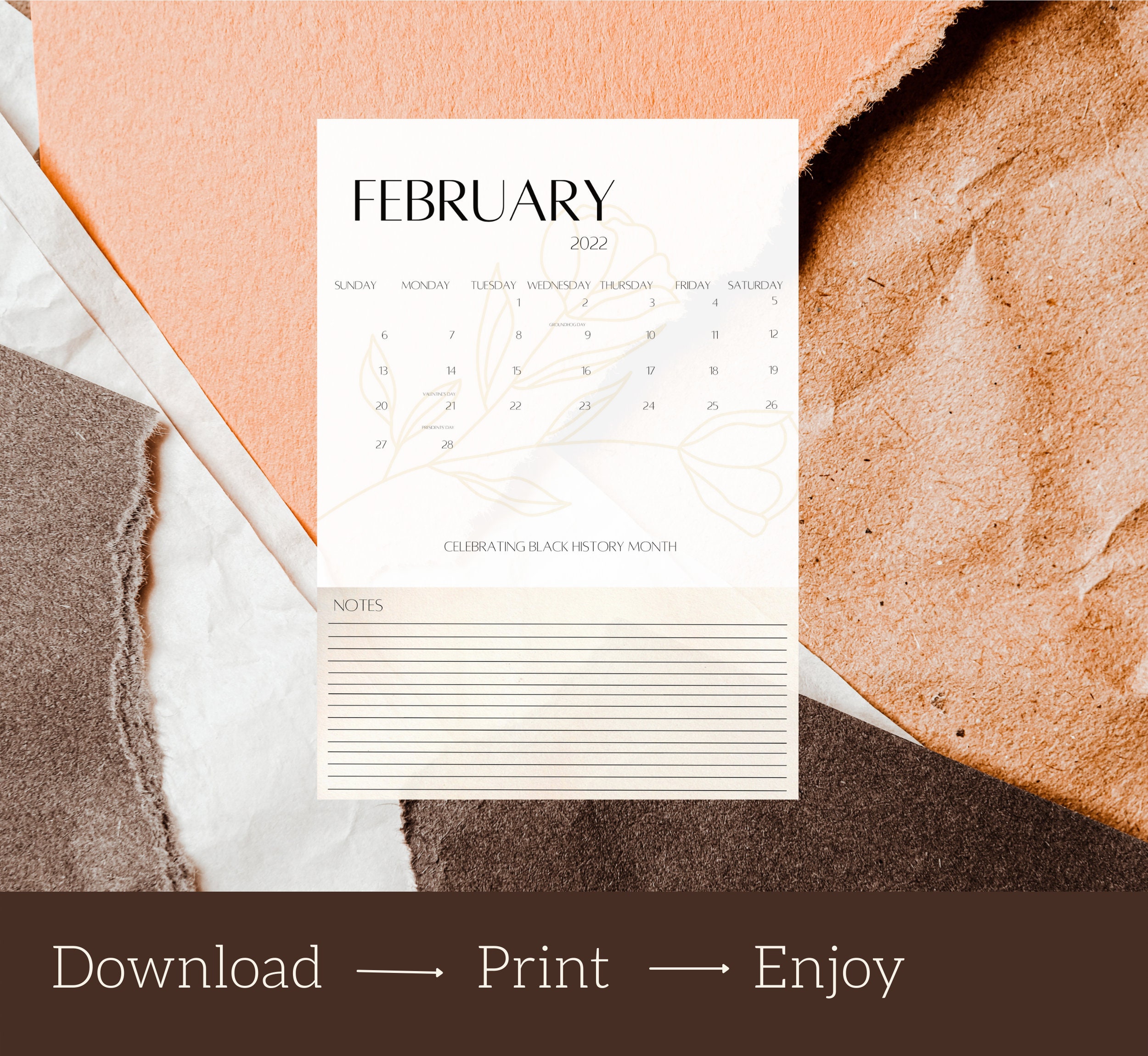 Neutral Aesthetic February 2022 Monthly Calendar With Floral Design and ...