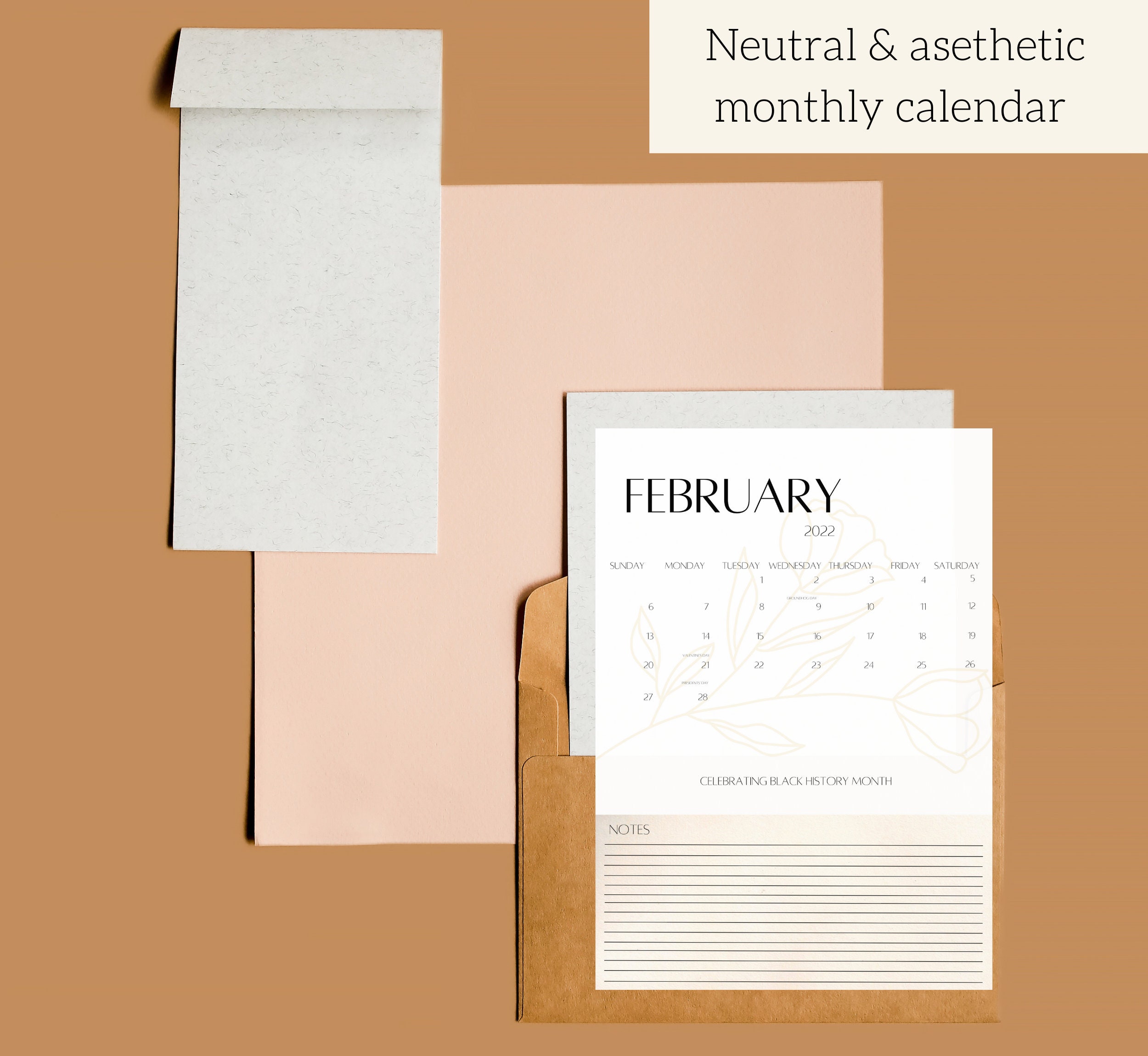 Neutral Aesthetic February 2022 Monthly Calendar With Floral Design and ...