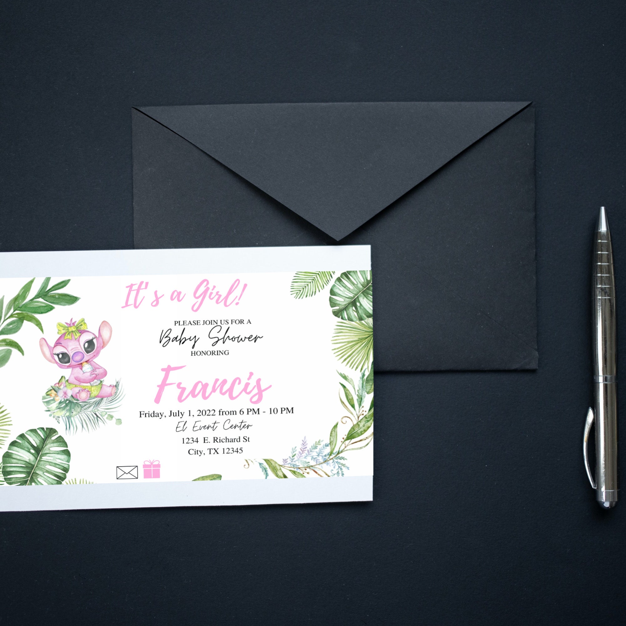 Baby Angel Stitch Watercolor Tropical Baby Shower Invitation / Baby ...