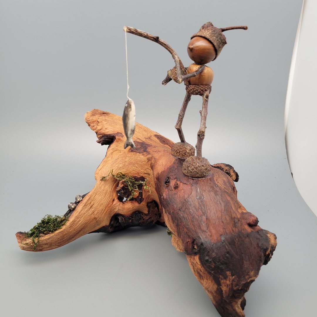 Oakie Acorn Elf Fisherman, Reeling in a Fish. Fantasy Art Figurine ...