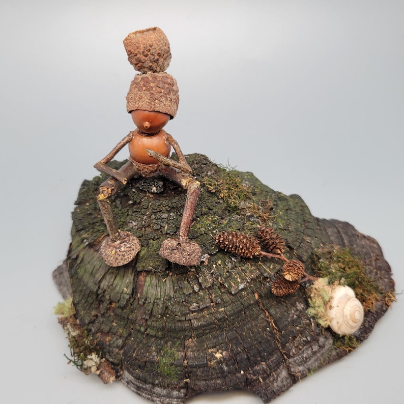 Oakie Acorn Elf Sitting in Nature. A Whimsical, Acorn Figurine Mounted ...