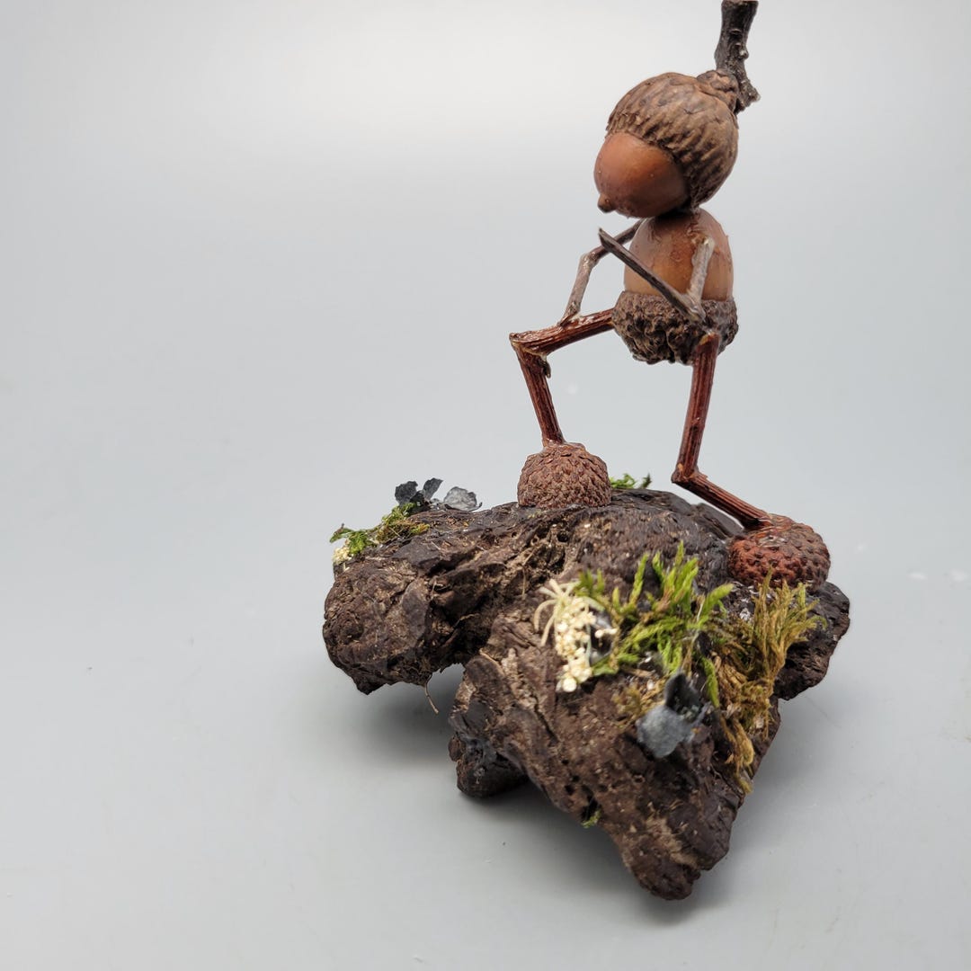 A Young Acorn Oakie, Climbing, in Nature. A Whimsical, Acorn Figurine ...
