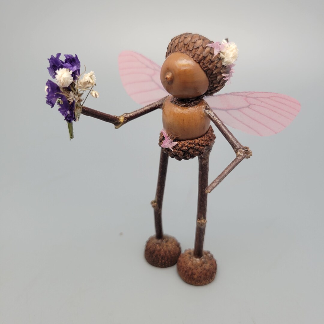 Oakie Acorn Elf Fairy, Holding Out a Bouquet of Purple and White ...