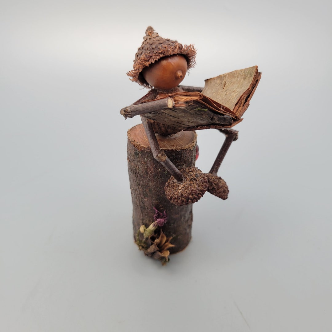 Oakie Acorn Elf Sitting on a Tree Stump Reading a Book. - Etsy