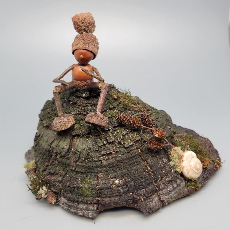 Oakie Acorn Elf Sitting in Nature. A Whimsical, Acorn Figurine Mounted ...