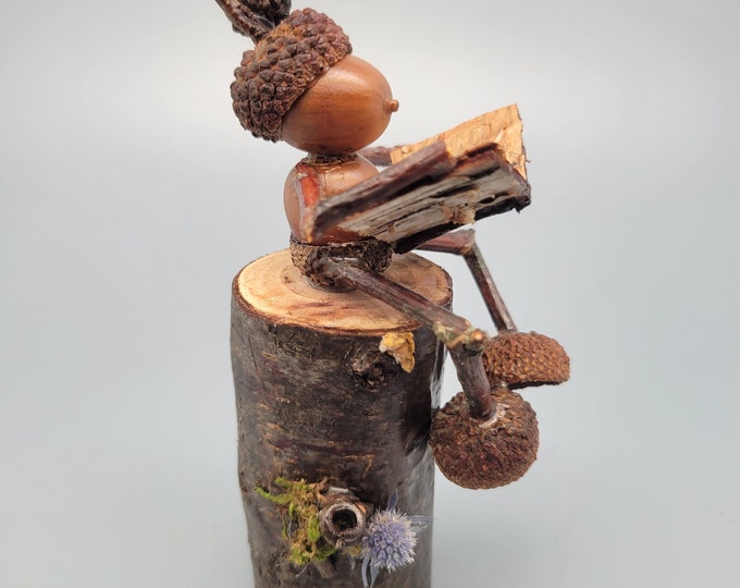 Oakie Acorn Elf Sitting on a Tree Stump, Reading a Book. - Etsy