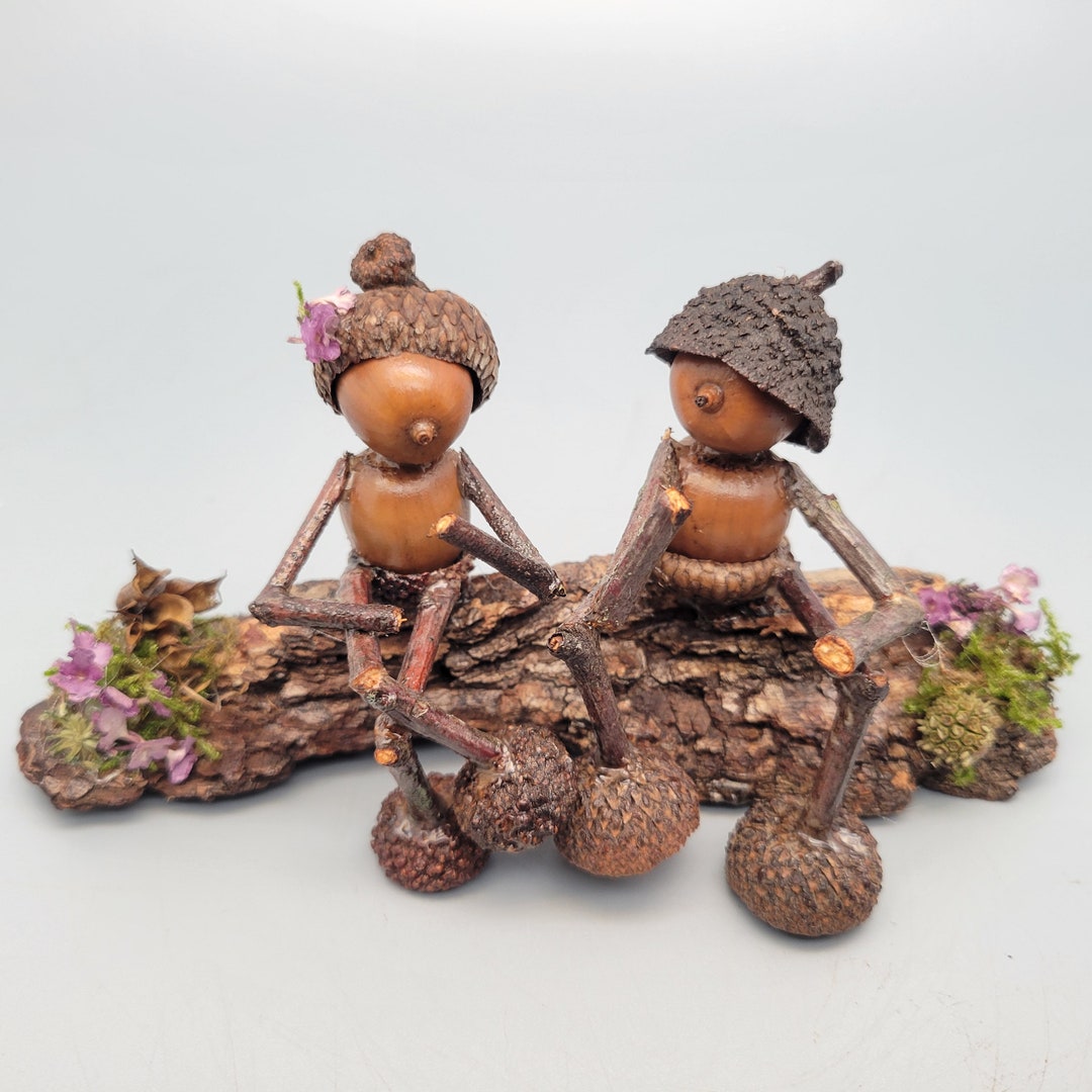 Oakie Acorn Elves Sitting on a Log, Enjoying Nature and Each Other. - Etsy