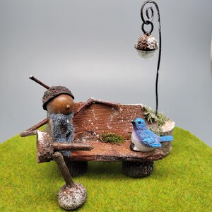 Oakie Acorn Elf, Fantasy Art Figurine, Sitting on a Park Bench, Under ...
