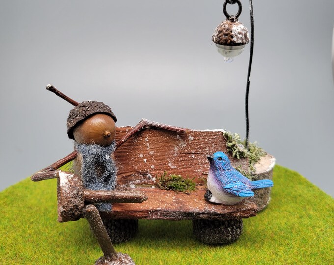Oakie Acorn Elf, Fantasy Art Figurine, Sitting on a Park Bench, Under ...
