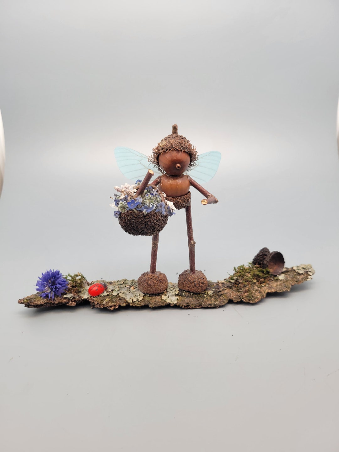 Oakie Acorn Elf Fairy, Carrying a Basket of Blue and White Flowers. - Etsy
