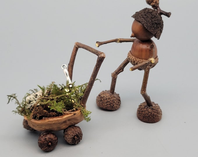 Oakie Acorn Elf Pushing His Garden Cart of Foraged Live Moss, Forest ...