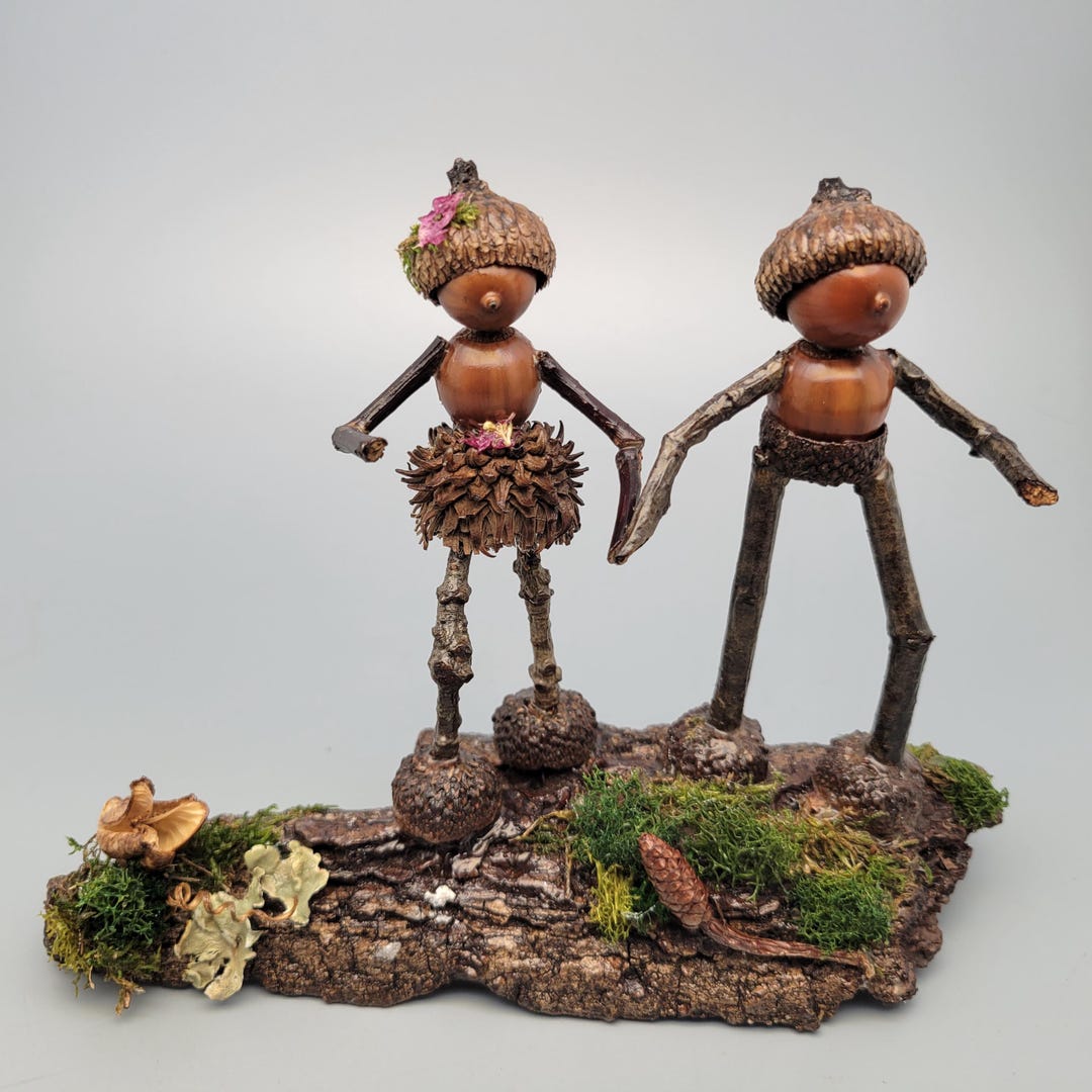 Oakie Acorn Elves Walking in Nature. Whimsical Acorn Figurines, Holding ...