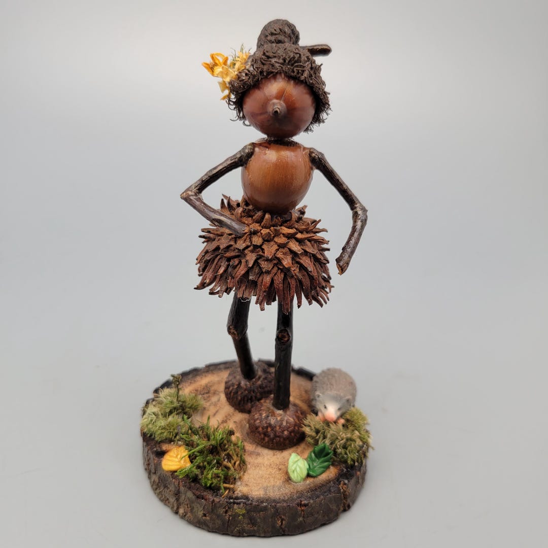 Oakie Acorn Elf Walking in Nature. A Whimsical Acorn Figurine, Mounted ...