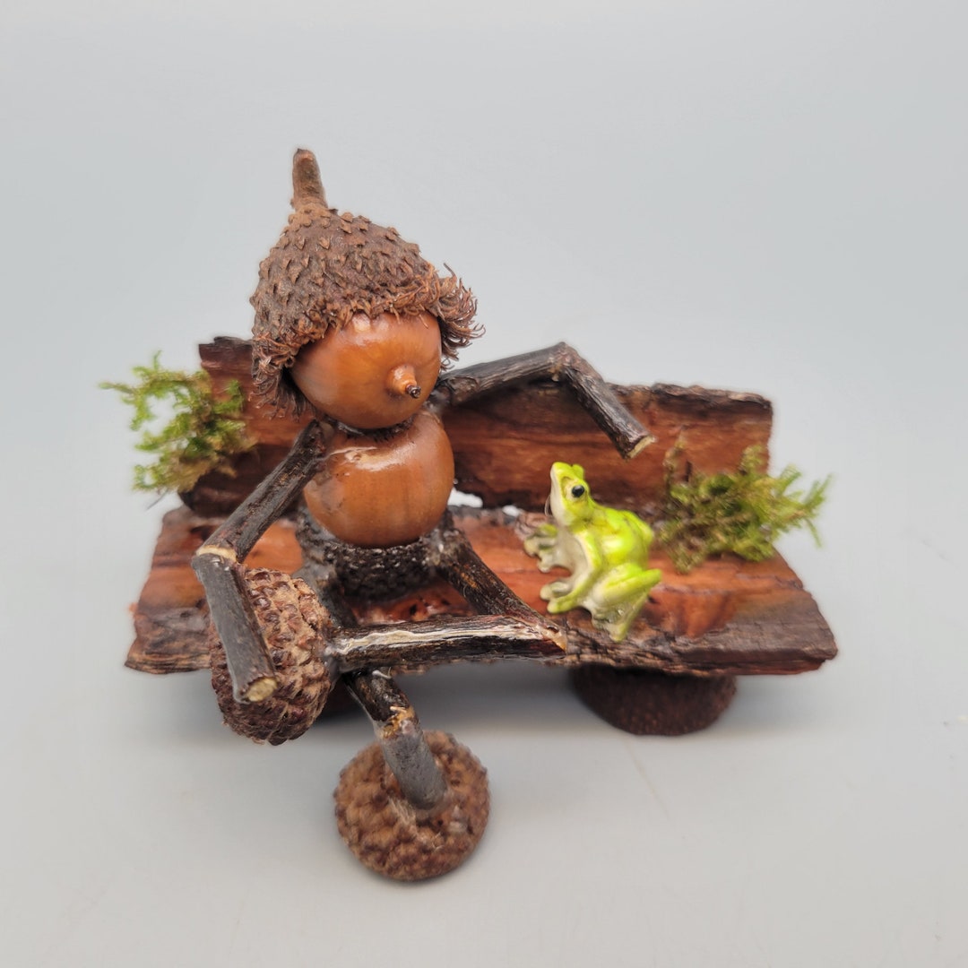 Oakie Acorn Elf Sitting on a Garden Bench With a Frog. - Etsy