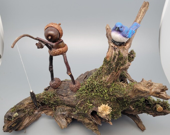 Oakie Acorn Elf Fishing, He's Got the Big One on His Line. Fantasy Art ...