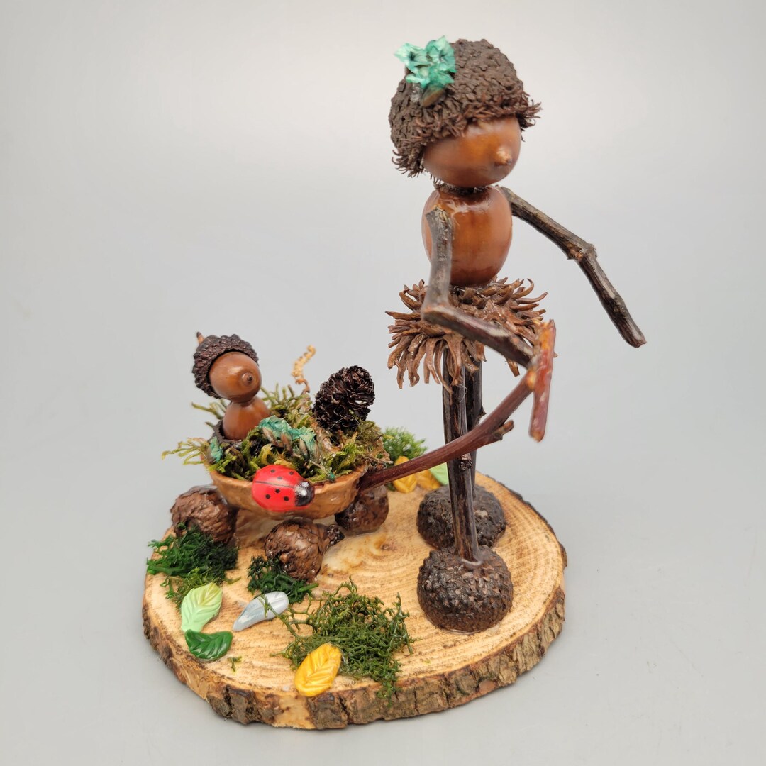 Oakie Acorn Elf Mother Pulling Her Child in a Wagon. Whimsical Acorn ...